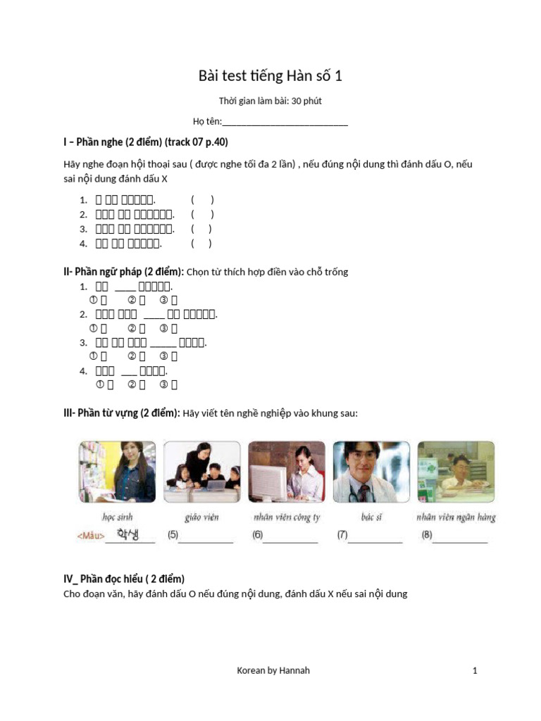 Bài Test Tiếng Hàn Số 1 | PDF