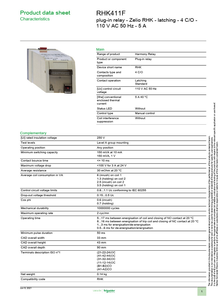 RHK411F: Product Data Sheet | PDF | Relay | Power (Physics)