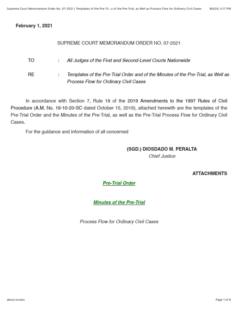 Supreme Court Memorandum Order No. 07-2021 - Templates of The Pre-Trial ...