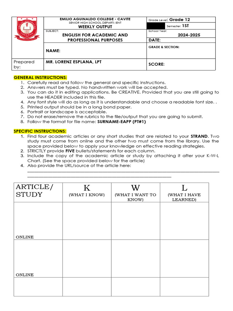 Performance Task 1 KWL Chart and Rubrics | PDF | Rubric (Academic ...