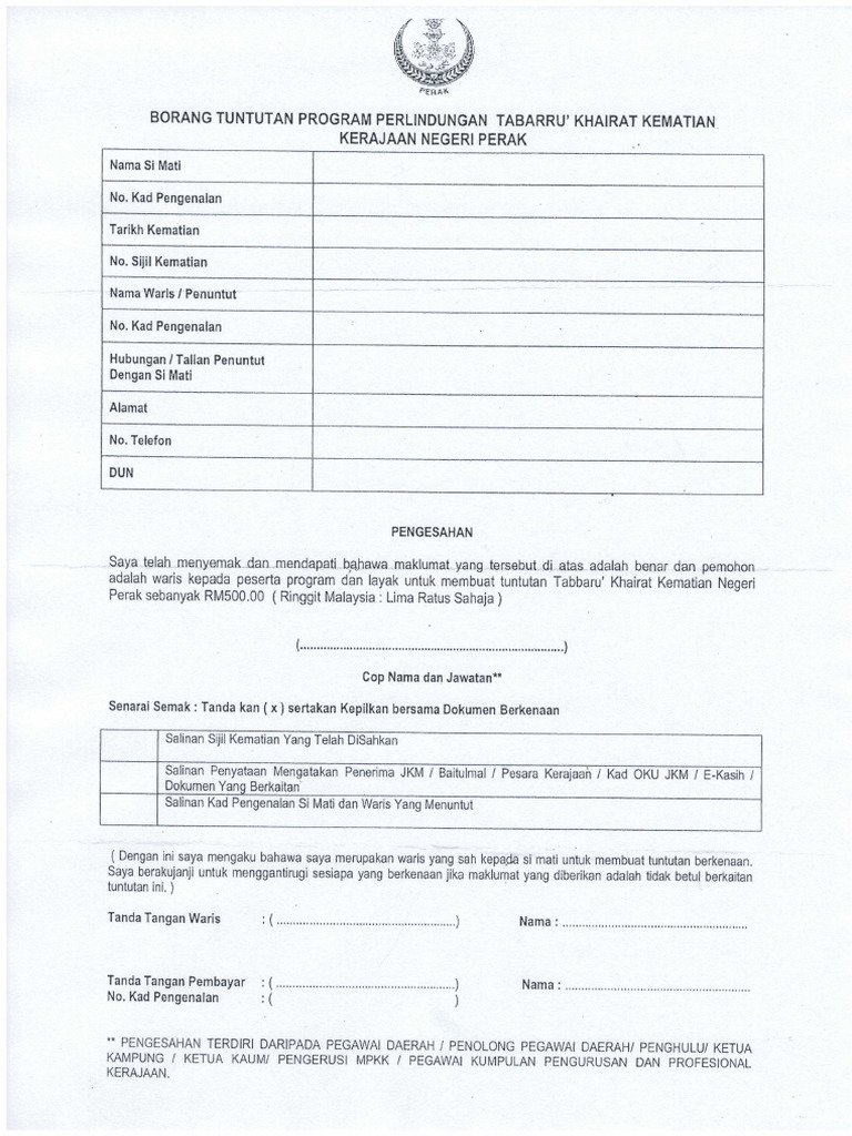 Borang Tuntutan Khairat Kematian Perak | PDF