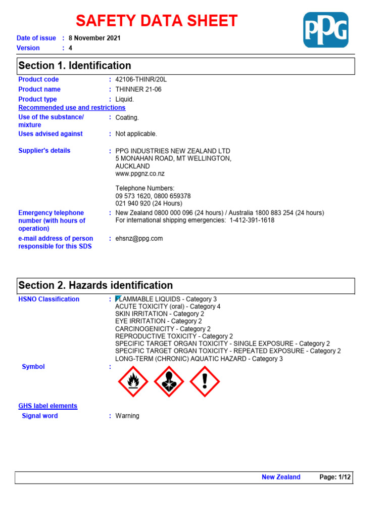 PPG - Thinner-21-06 (AM 65) | PDF | Toxicity | Occupational Safety And ...