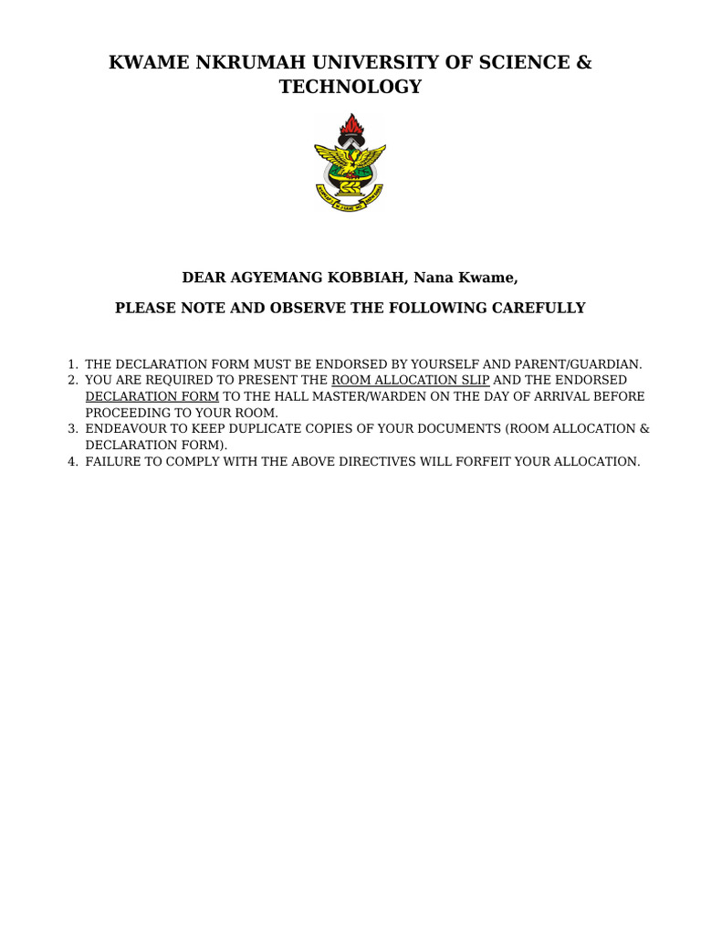 KNUST Room Allocation Guidelines | PDF | Oven | Kitchen Stove
