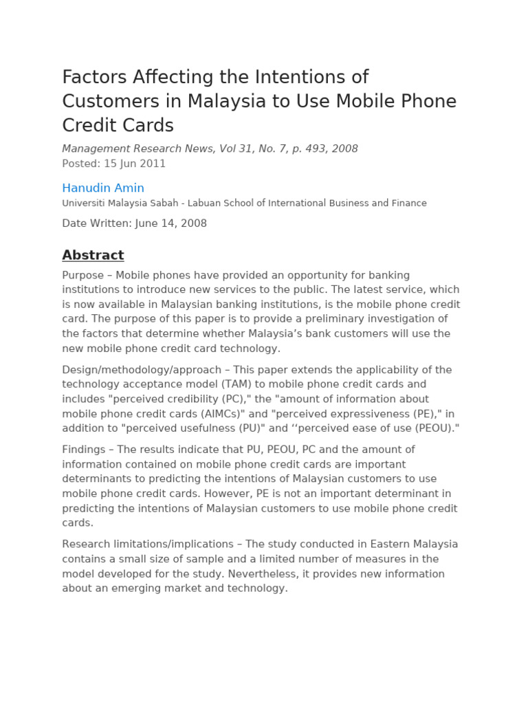 (Amin 2008) Factors Affecting The Intentions of Customers in Malaysia To Use Mobile Phone Credit ...