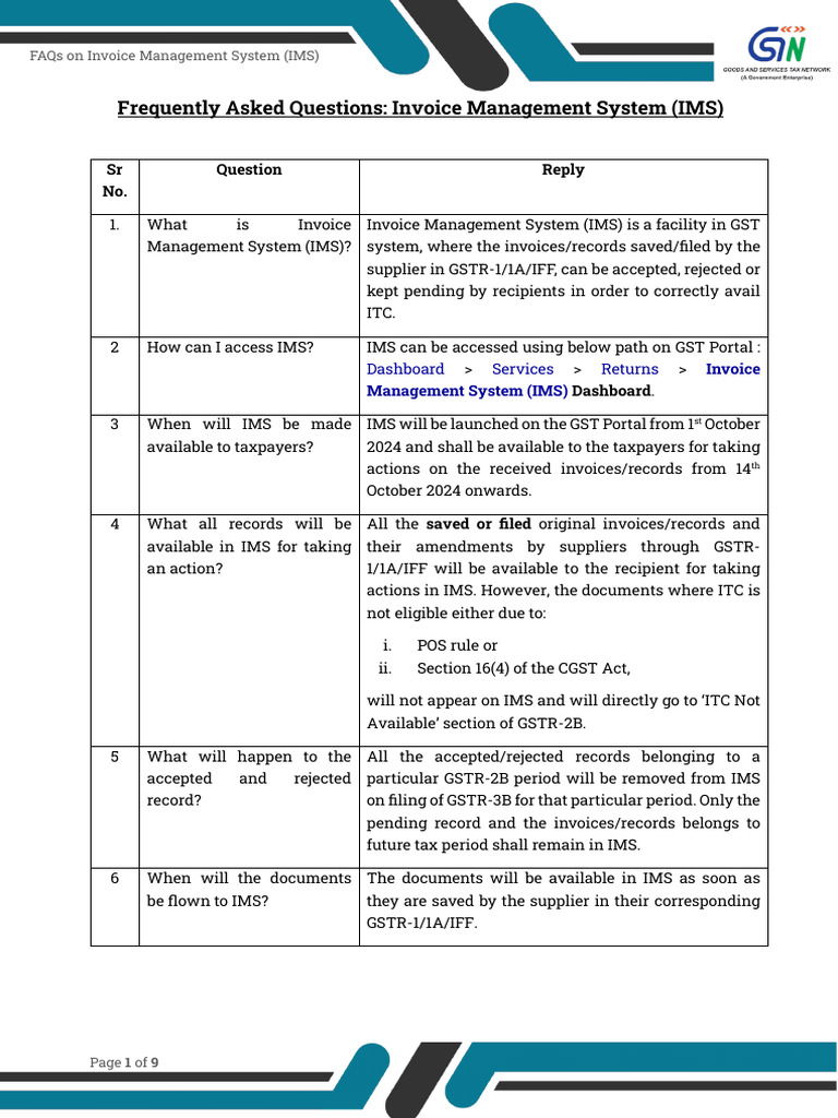 FAQ ON IMS Issued by GSTN | PDF | Government Finances | Taxes