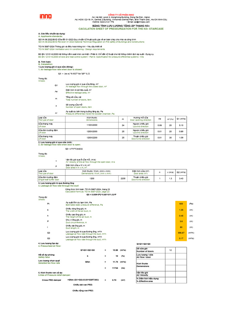 Caculation Sheet Of Pressurization For The N3+ Staircase: Bảng Tính Lưu ...