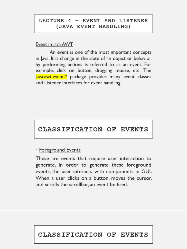Lecture 4 Event and Listener | PDF | Class (Computer Programming) | Window (Computing)