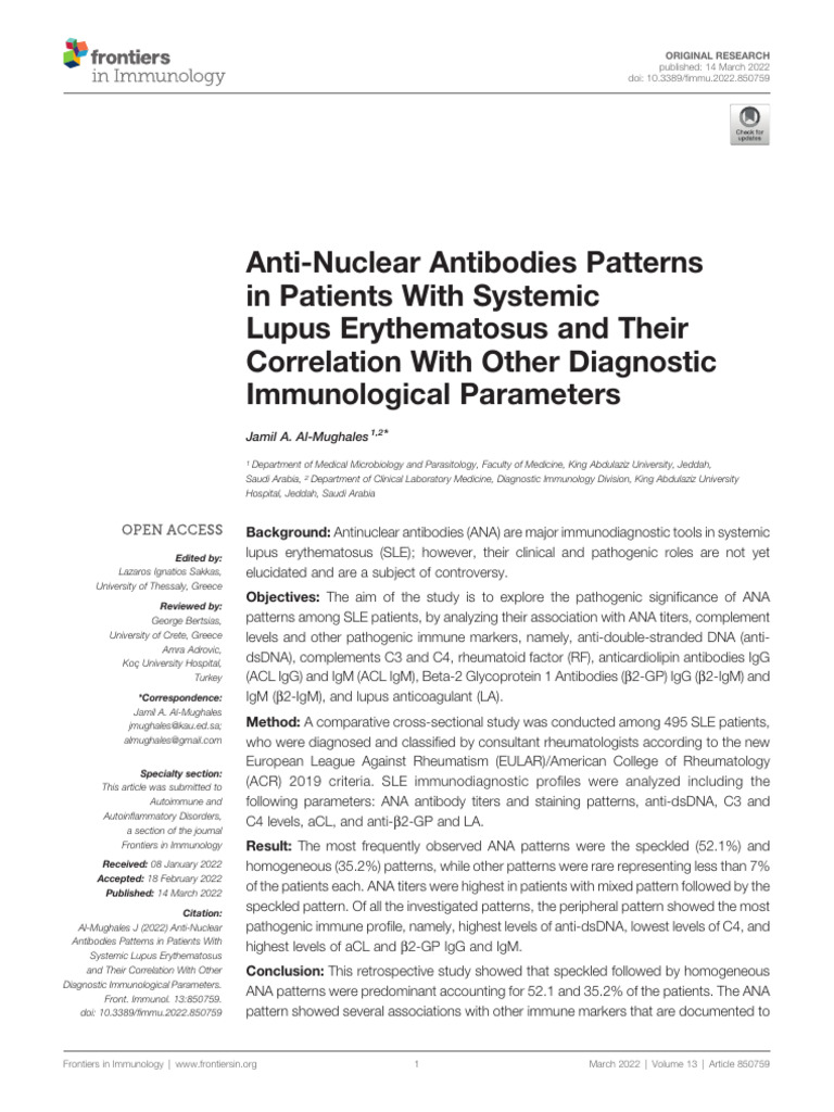 Anti-Nuclear Antibodies Patterns in Patients With Systemic Lupus ...