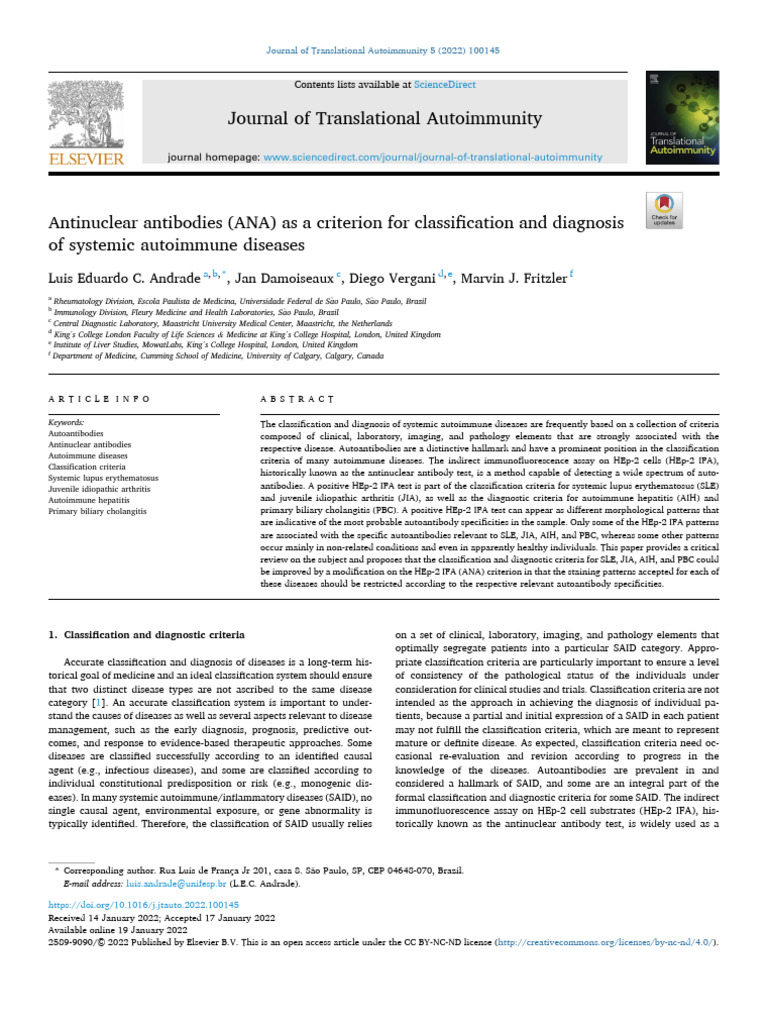 Antinuclear Antibodies (ANA) As A Criterion For Classification and ...