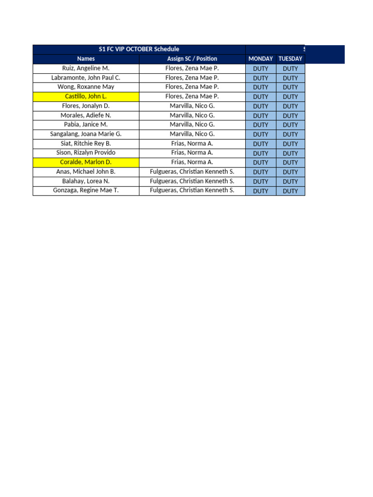 S1 FC VIP October Duty Schedule | PDF