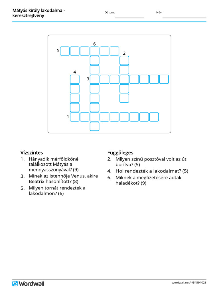Mátyás Király Lakodalma - Keresztrejtvény | PDF