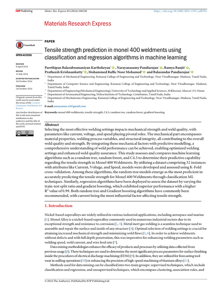 Tensile Strength Prediction in Monel 400 Weldments Using Classification ...