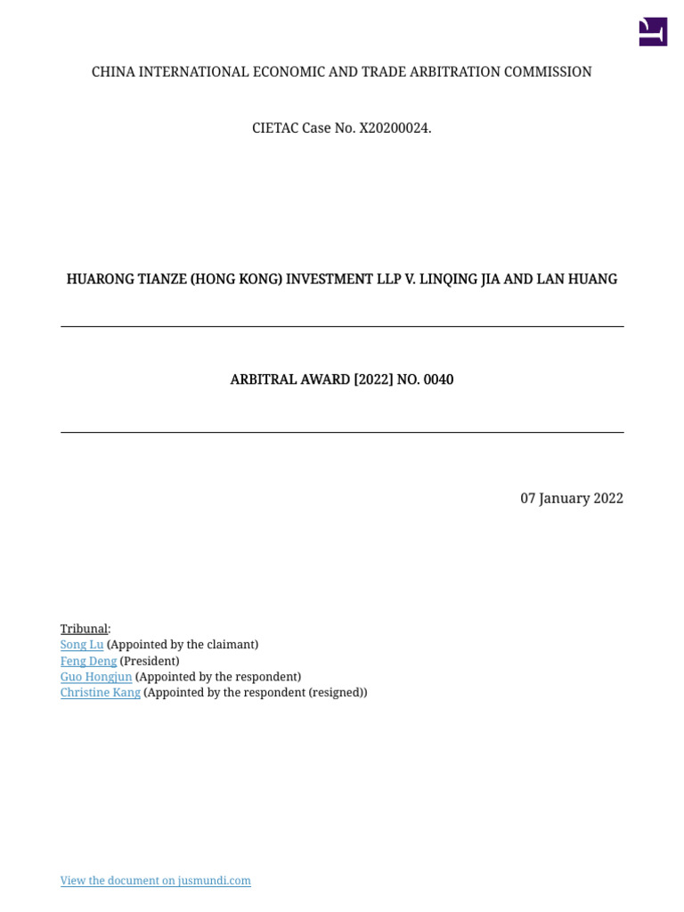 CIETAC Arbitration Award: Huarong vs. Jia | PDF | Interest | Liquidated Damages