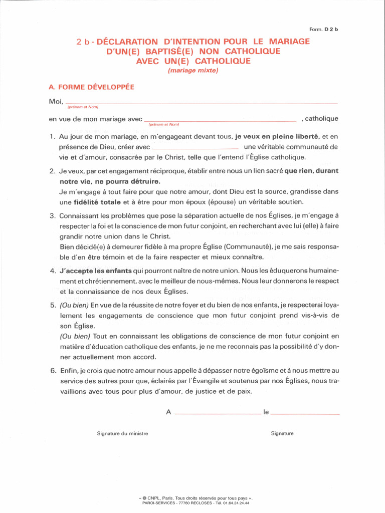 2b Declaration D Intention D Un Baptise Non Catholique Avec Un Catholique | PDF