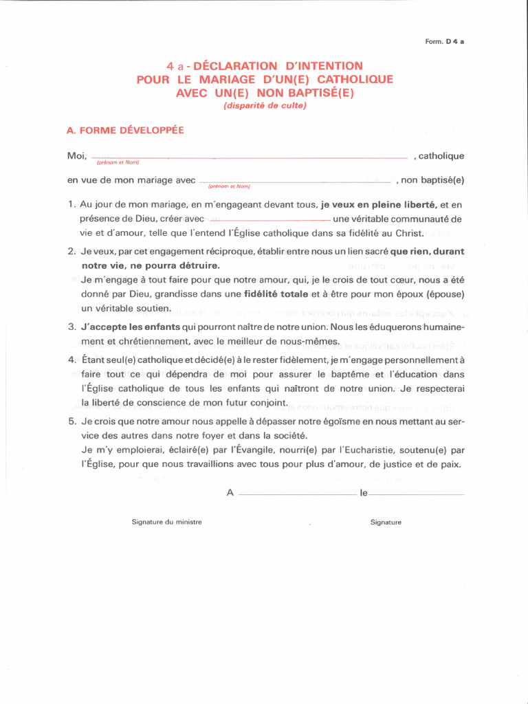 4a Declaration D Intention Pour Le Mariage D Un Catholique Avec Un Non Baptise | PDF