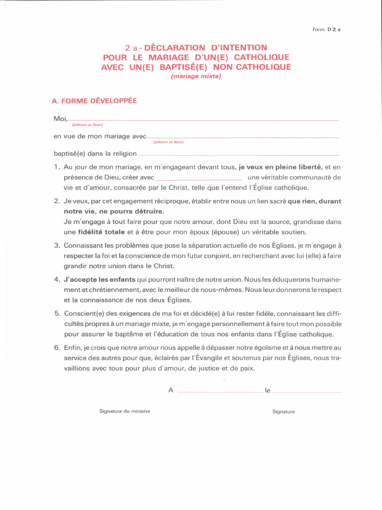 2a Declaration D Intention D Un Catholique Avec Un Baptise Non Catholique | PDF