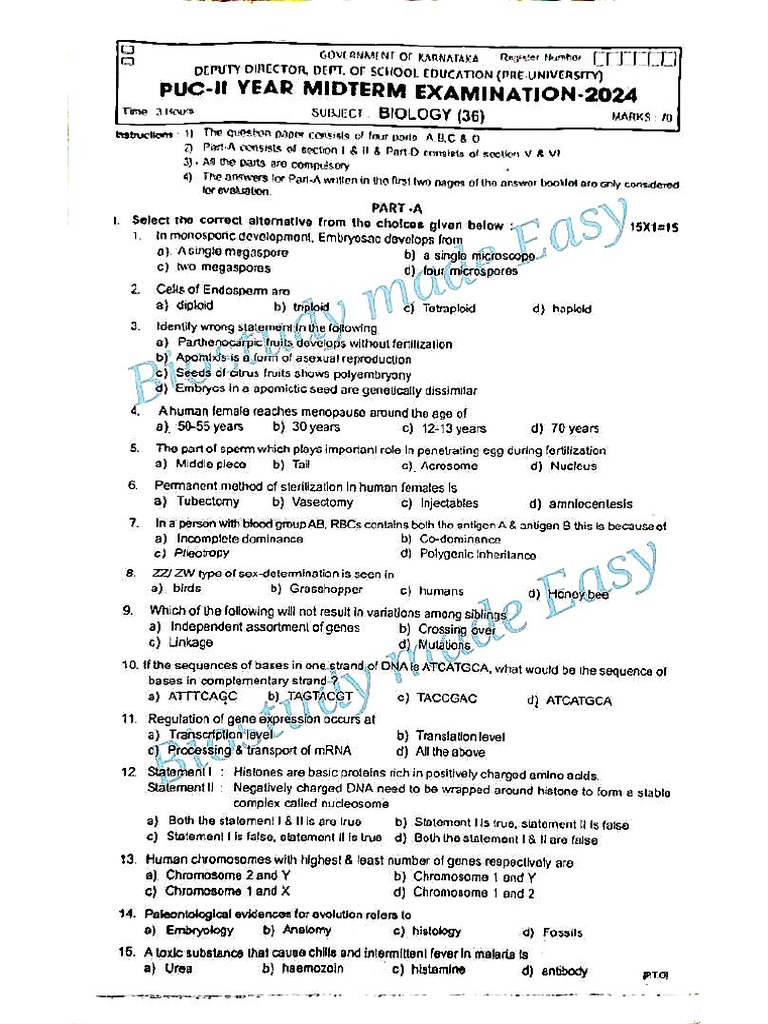 2PU Bio Chikkodi - Midterm Exam-2024 QP-1 | PDF
