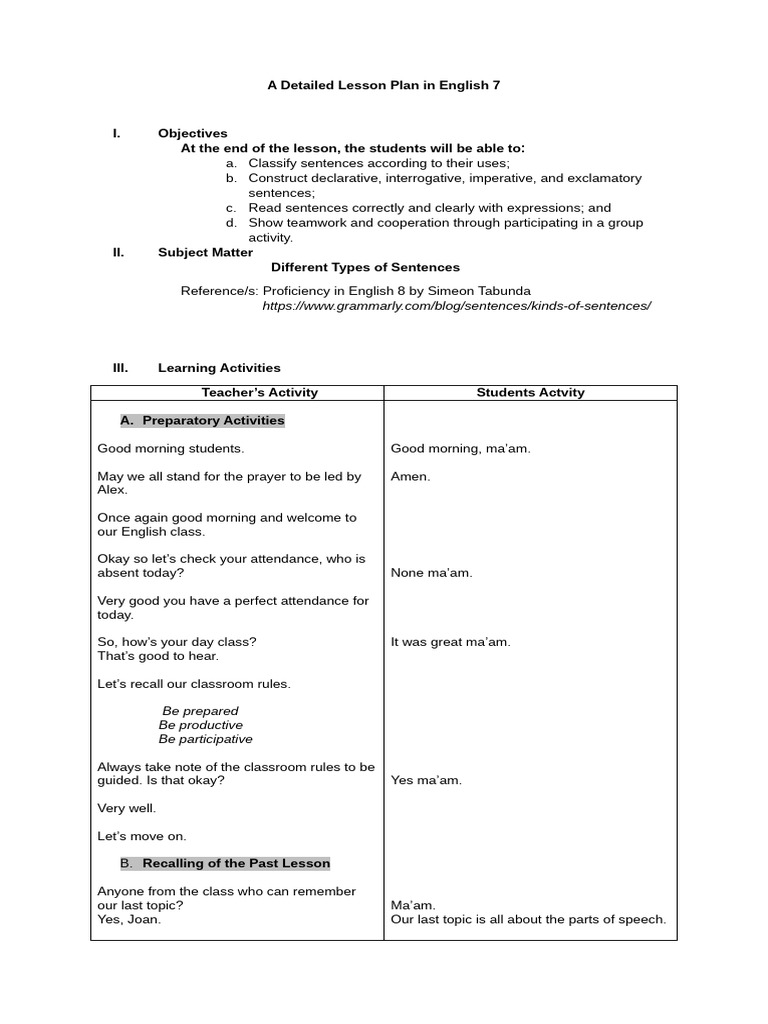 English 7 Lesson Plan: Types of Sentences | PDF | Part Of Speech | Question