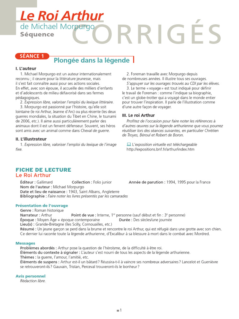 Fiche De Lecture Le Roi Arthur PDF Manuscrit Intertextualit 