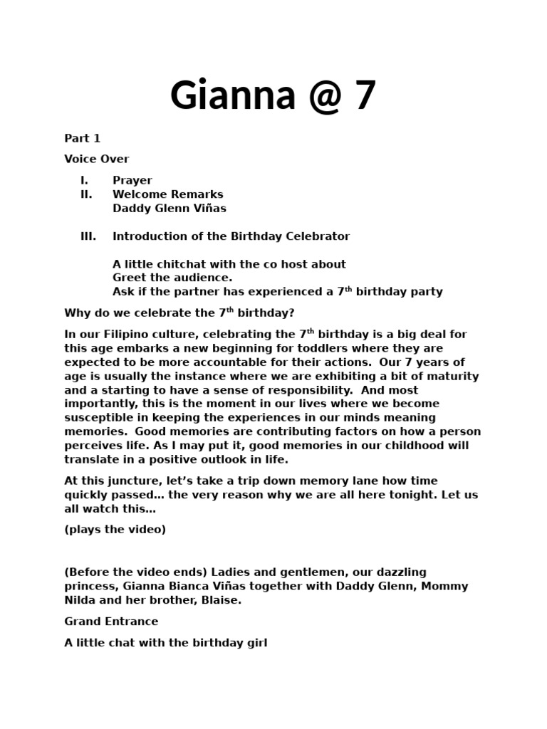 7th Birthday Script For Gianna | PDF