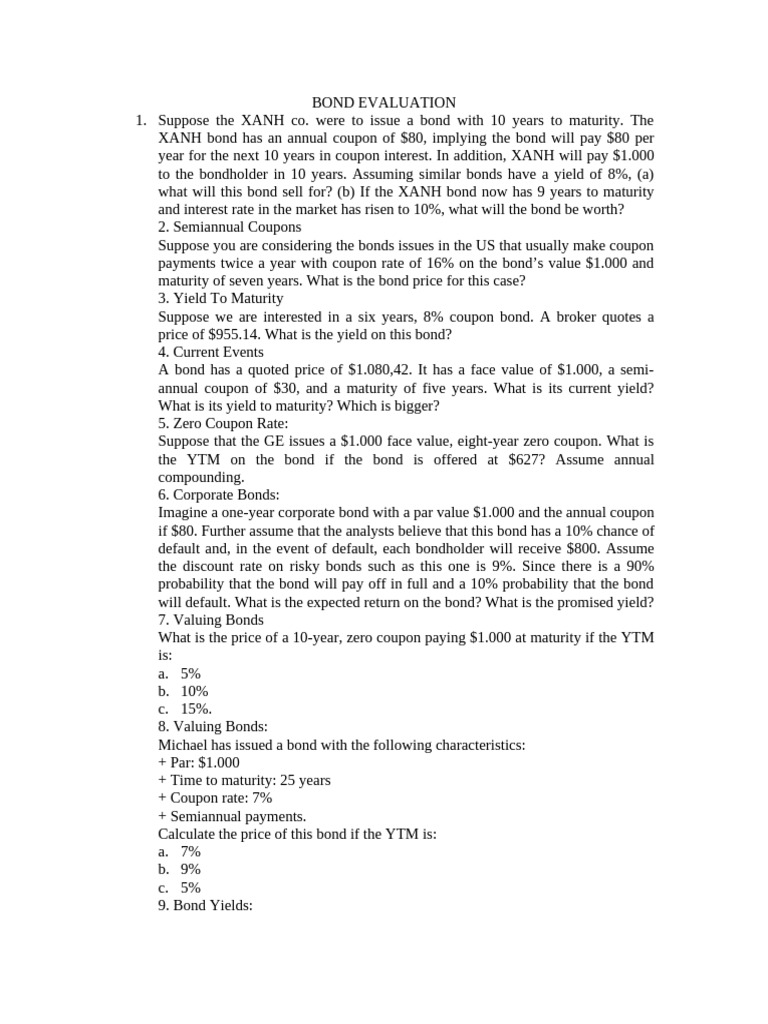 Bond and Stock Evaluation Exercises 10.2024 | PDF | Bonds (Finance) | Yield (Finance)