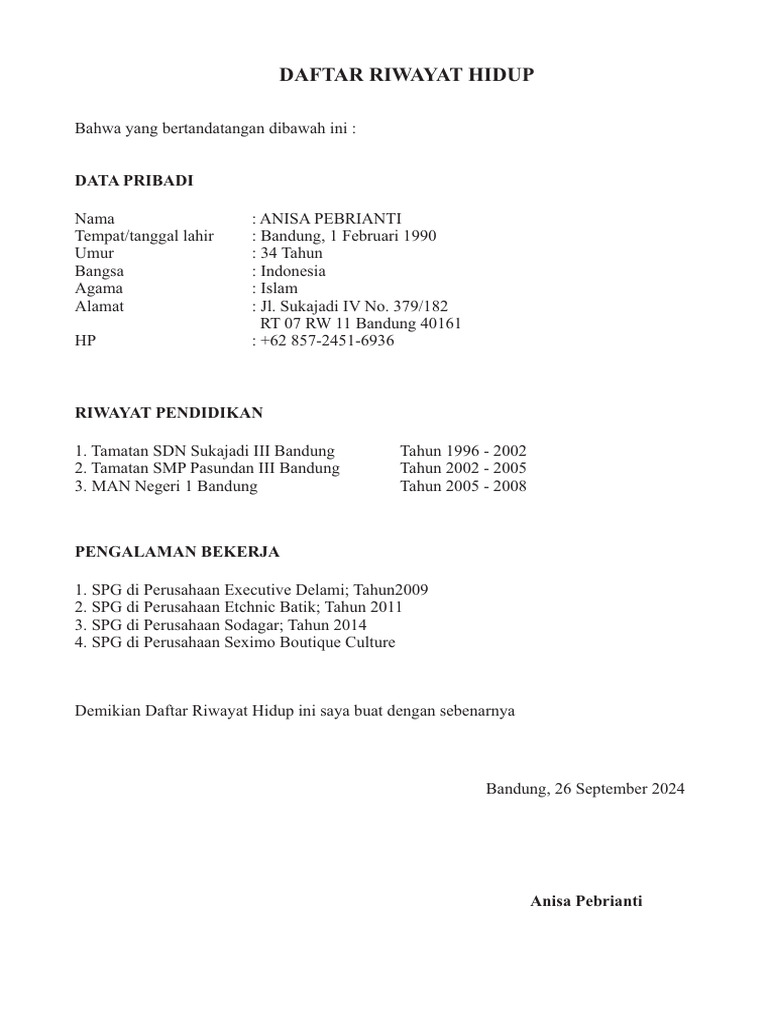 CV Daftar Riwayat Hidup Icha | PDF