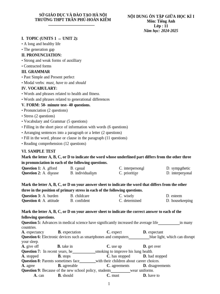 Ta de Cuong On Tap Giua Hki Khoi 11 2024 2025 - 24920247 | PDF | Circadian Rhythm | Sleep