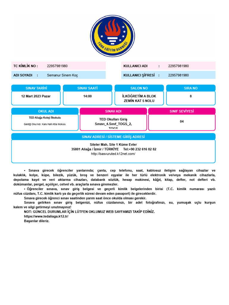 Sinav Giris Belgesi | PDF