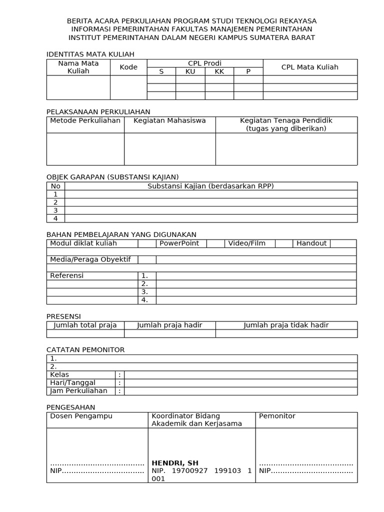 Berita Acara Perkuliahan Program Studi Trip | PDF