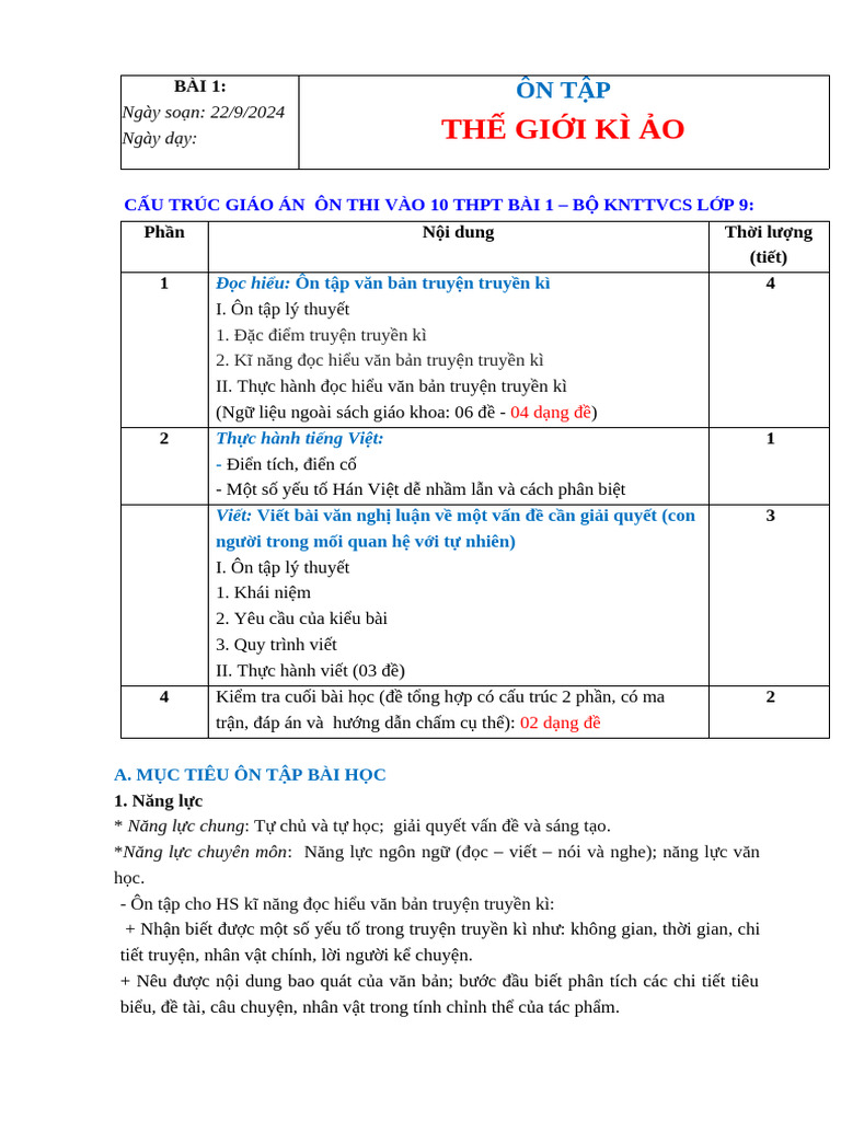 KHBD Ôn Thi Vào 10 THPT Môn NG Văn Bu I 1,2 | PDF