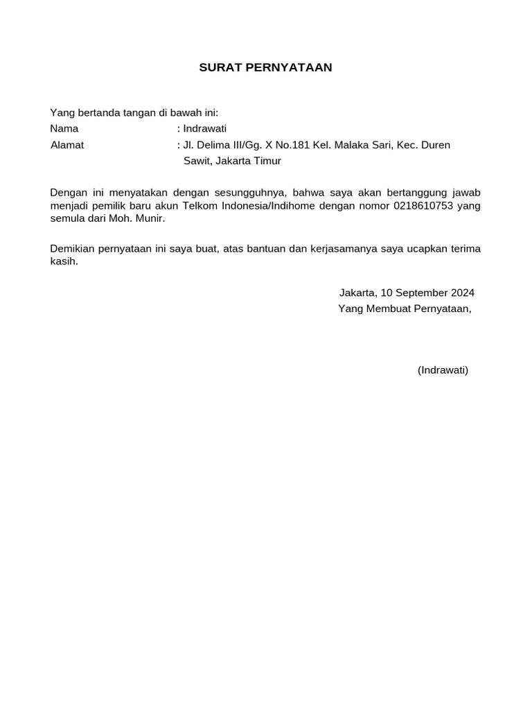 Surat Pernyataan Indihome 1 | PDF