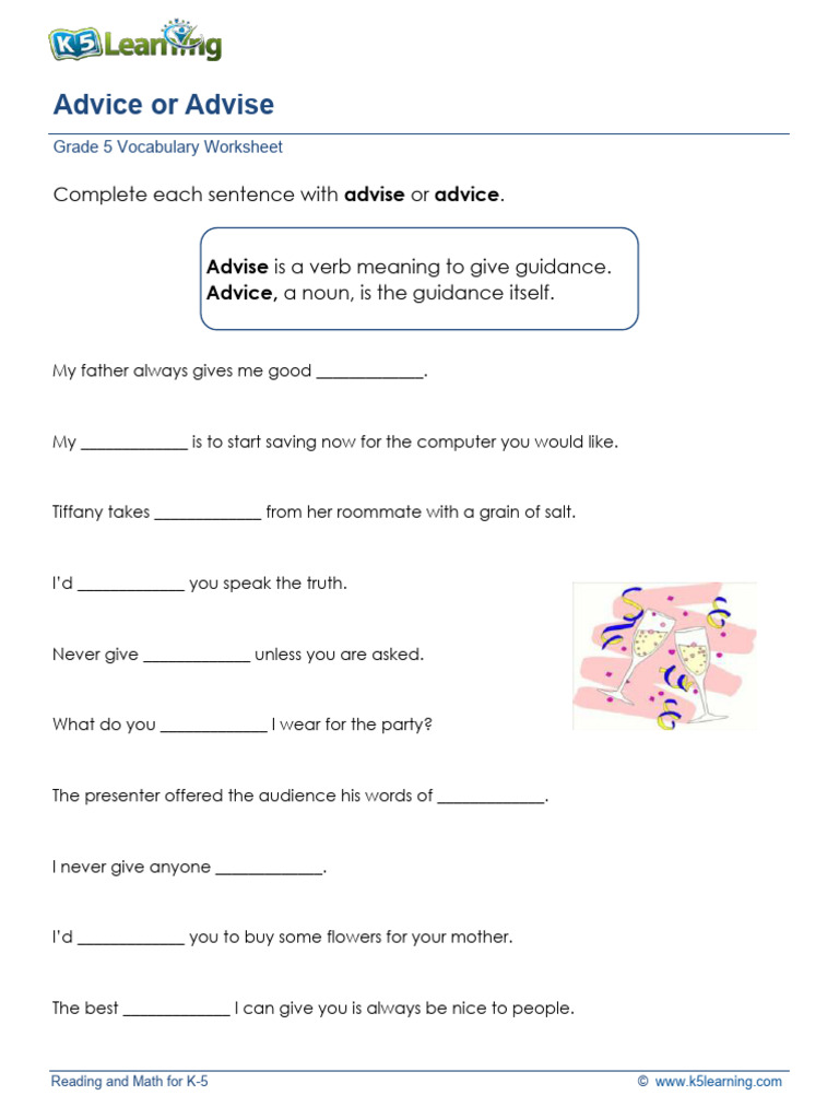 Advice vs. Advise Worksheet for K-5 | PDF