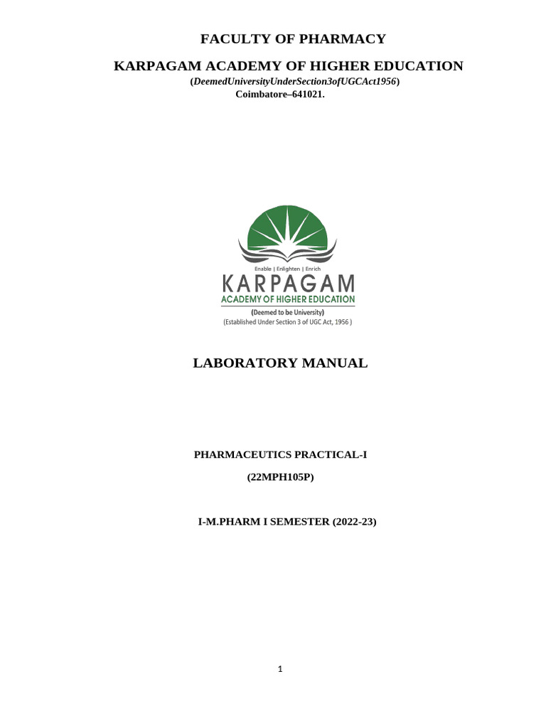 M Pharm I Sem P.ceutics Manual | PDF | Tablet (Pharmacy) | Buffer Solution