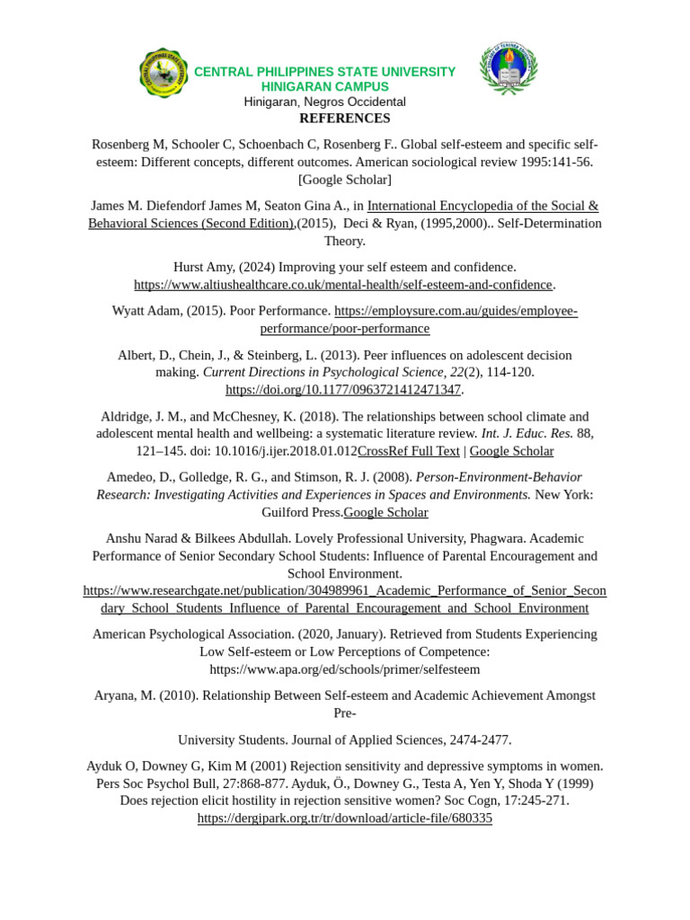 REFERENCES | PDF | Self Esteem | Psychology