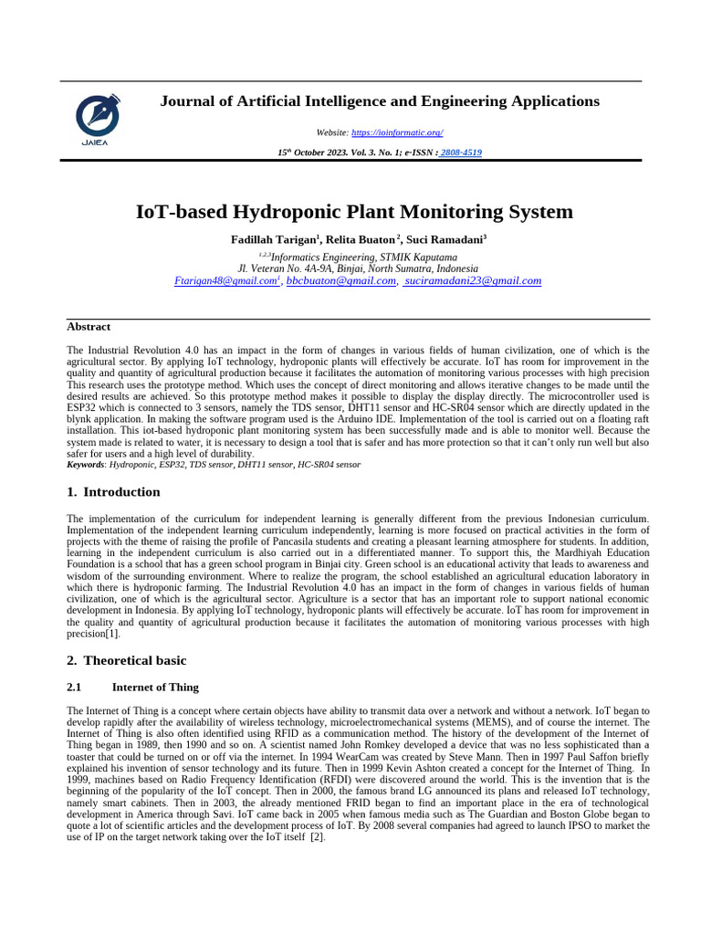 Iot Based Hydroponic Plant Monitoring System Pdf Internet Of Things