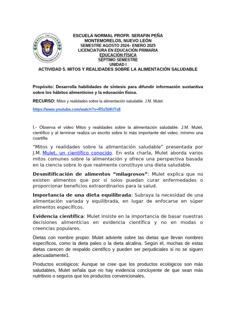 ACTIVIDAD 5. Mitos y Realidades de La Alimentación Saludable | PDF ...