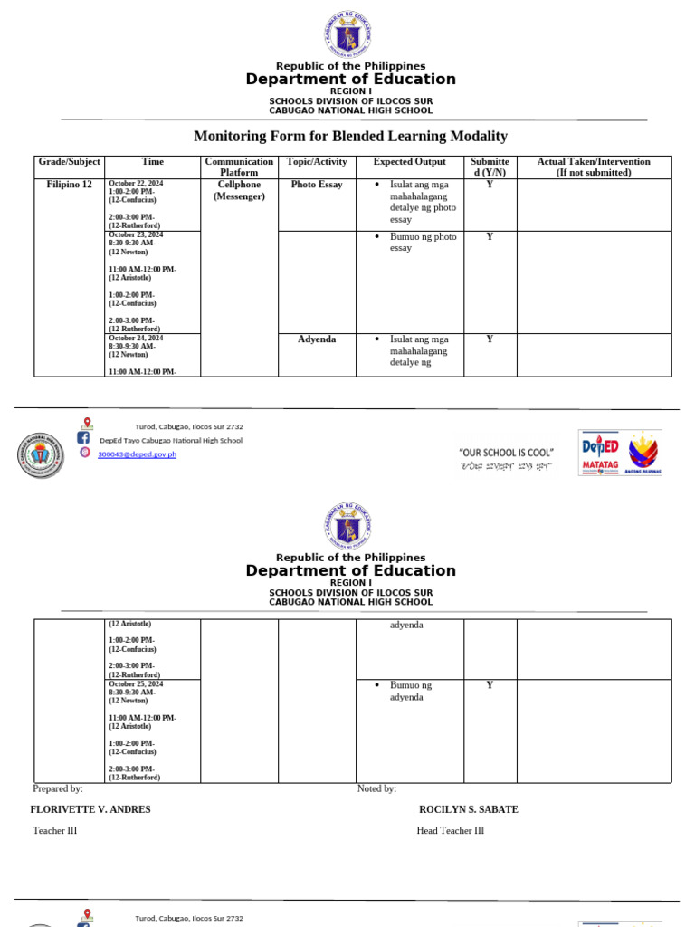 Blended Learning Monitoring Form | PDF | Philippines
