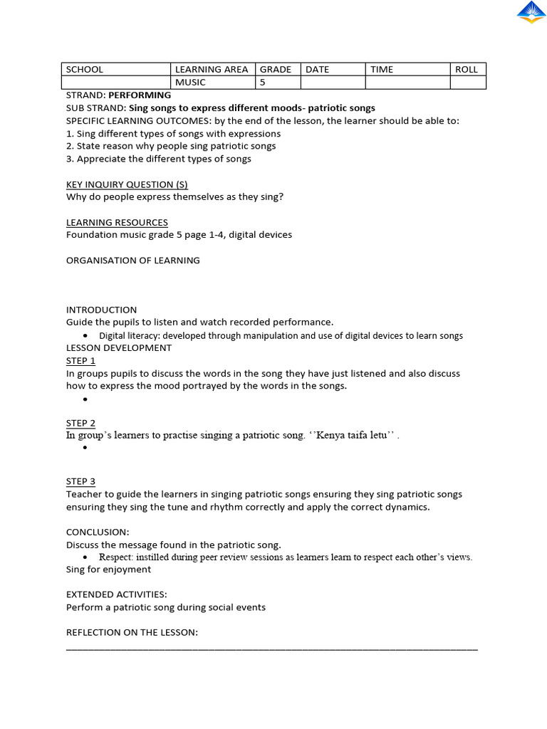 Grade 5 Music Lesson Plans Overview | PDF | Learning | Communication