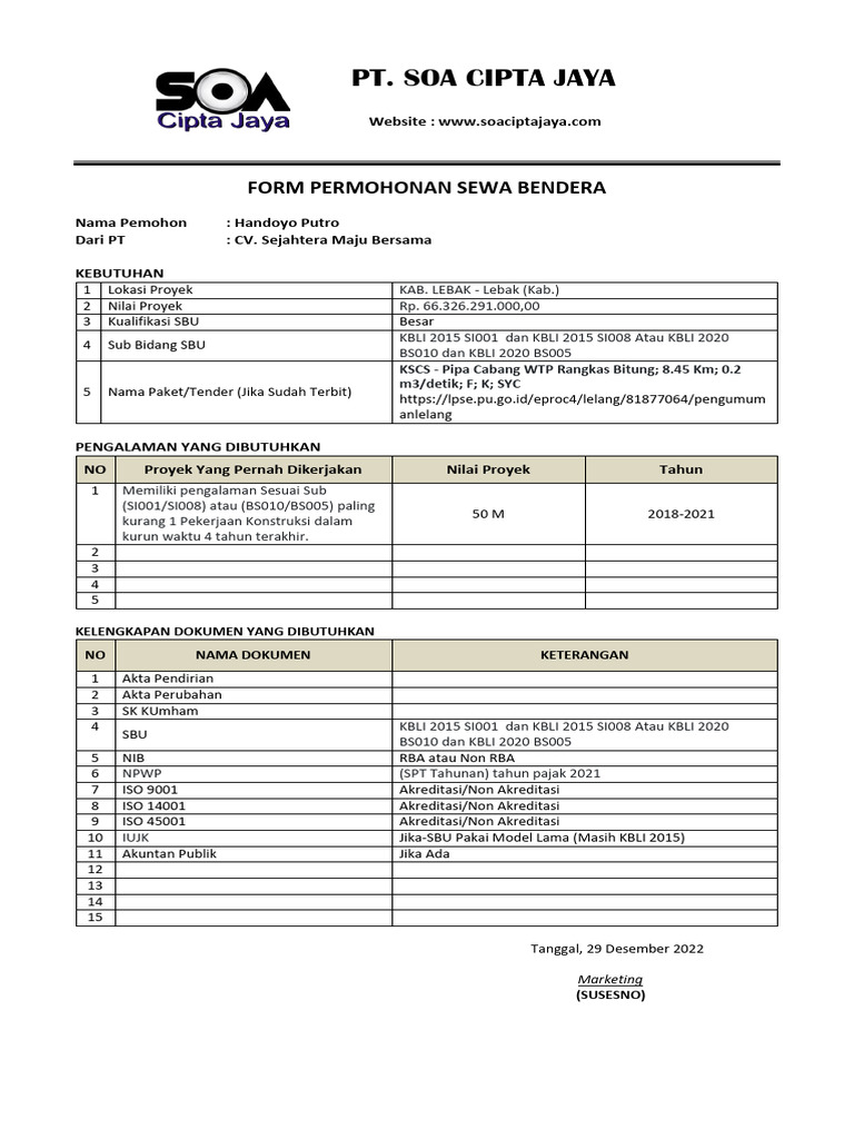 Permohonan Sewa Bendera Proyek Konstruksi | PDF