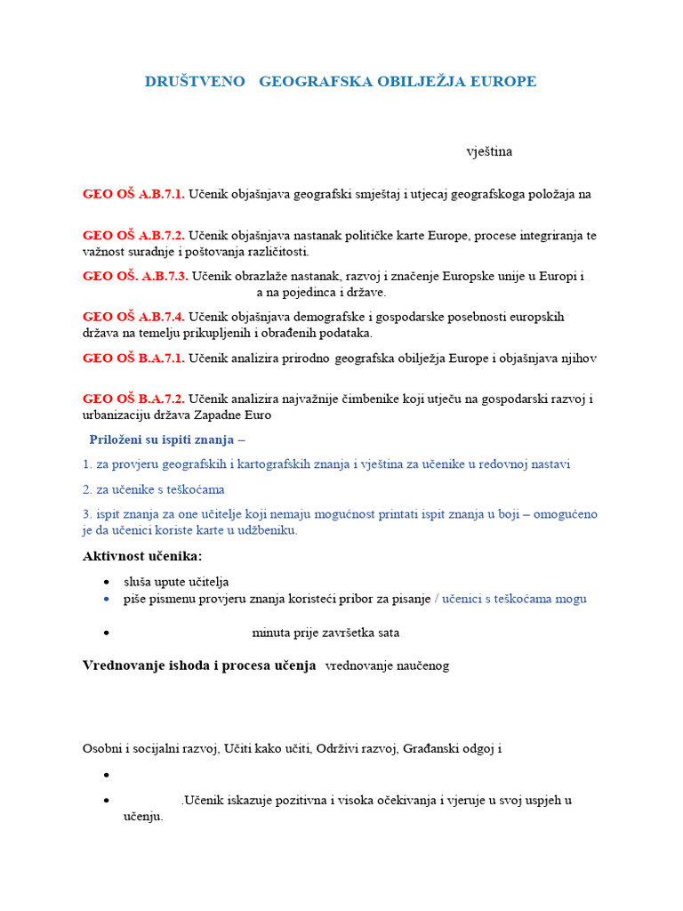 Scenarij Društveno - Geografska Obilježja Europe - Ispit Znanja U 7 ...