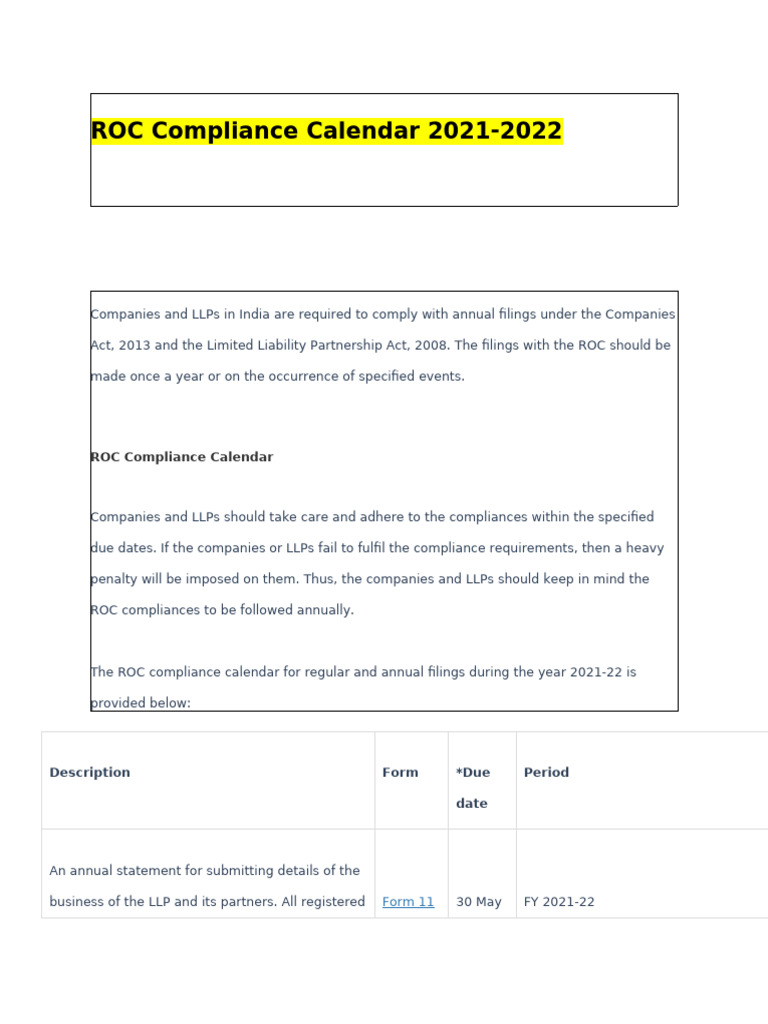 Roc Compliances List - 2022-23 | PDF | Limited Liability Partnership ...