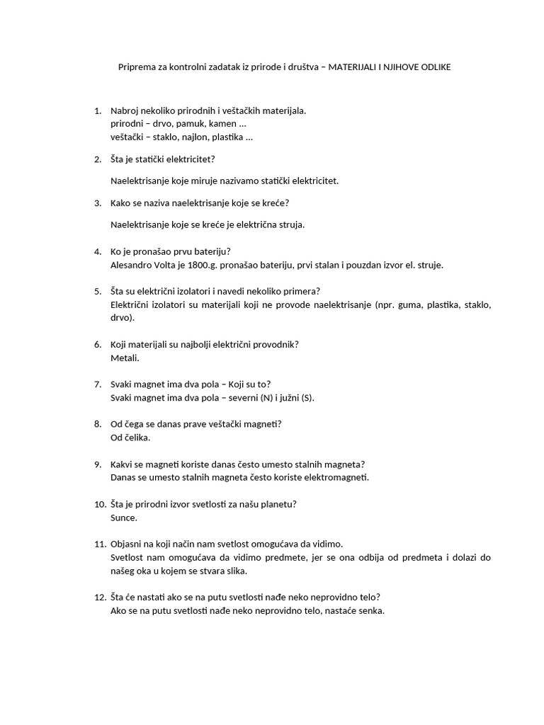 Pid IV 8 Materijali I Njihove Odlike Priprema Za Kontrolni Zadatak | PDF
