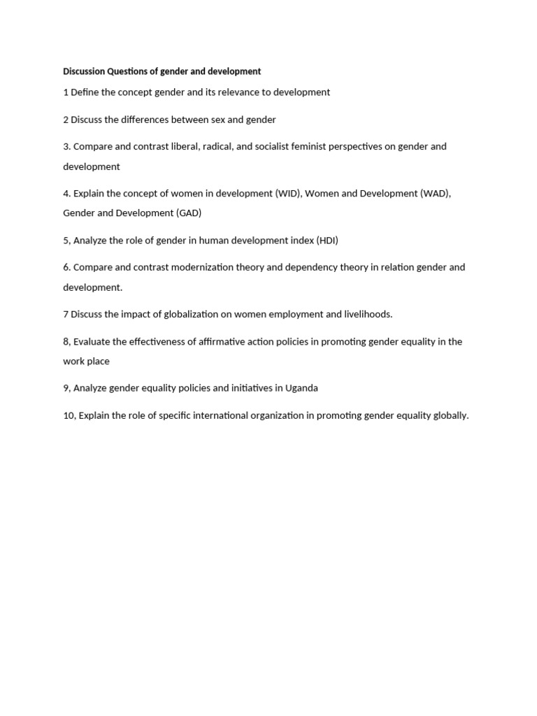 Discussion Questions of Gender and Development | PDF | Social Science