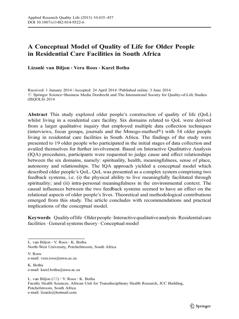 A Conceptual Model of Quality of Life For Older People in Residential ...