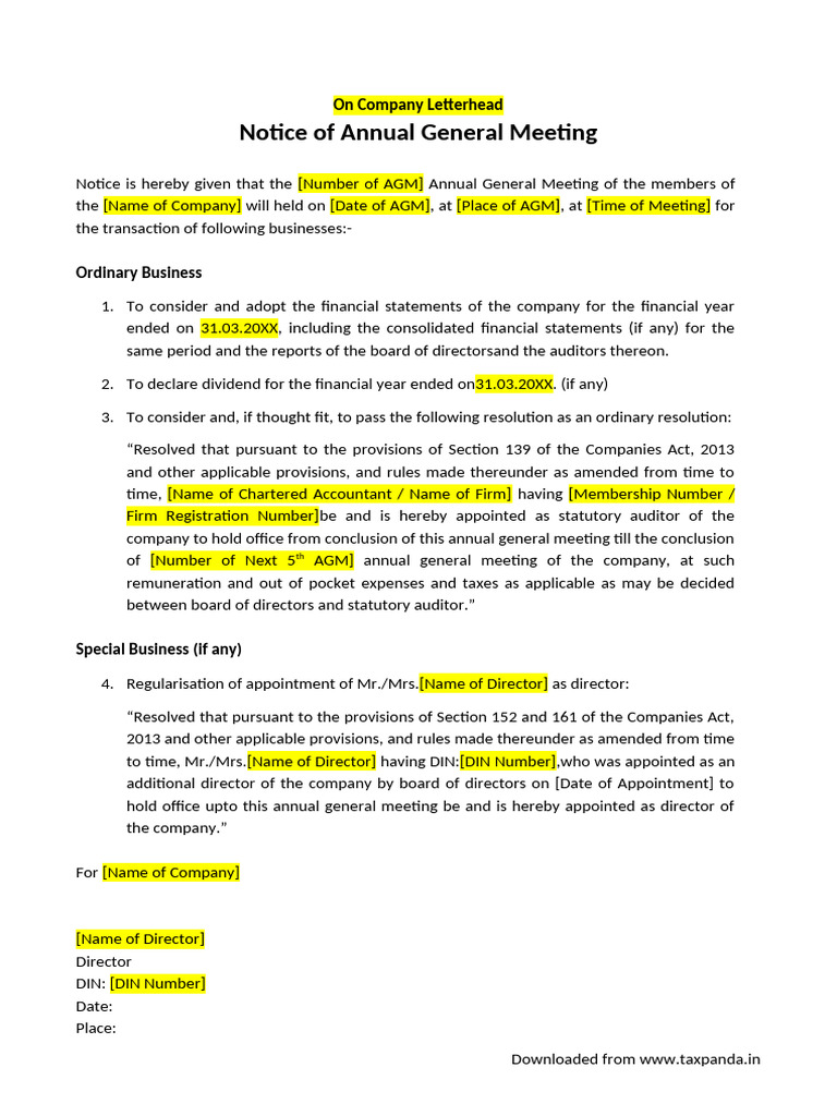 Draft AGM Notice Format in Word | PDF | Government | Business