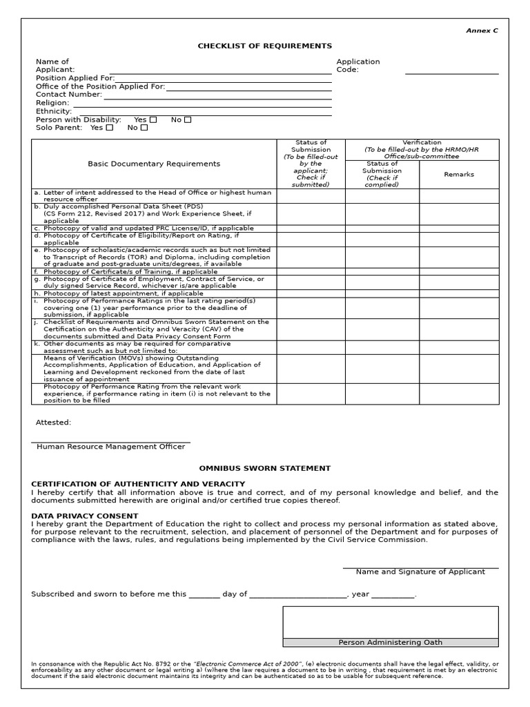 DO - s2023 - 007 - Annex C - Checklist Requirements & Omnibus Sworn Statement | PDF