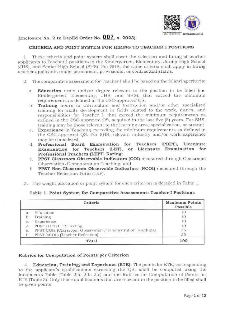 DO - s2023 - 007 - Enclosure No. 2 - Criteria & Point System For Hiring To Teacher I Positions | PDF