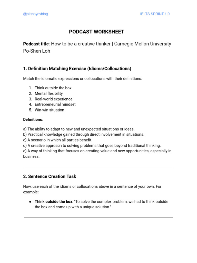 Creative Thinking IELTS Worksheet | PDF