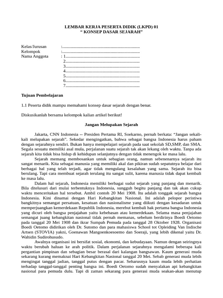 LKPD 01 Konsep Dasar Sejarah X Tsm2, TP, Dkv3 | PDF