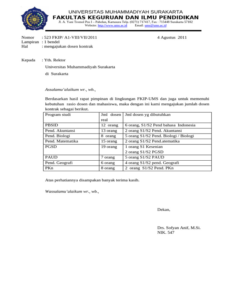 Surat Permohonan Dosen Kontrak UMS | PDF